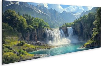 Islandburner Prime Bild auf Leinwand Wasserfall Berglandschaft Sommer Himmel Naturwunder Idylle Fluss - Leinwand 120x40cm - Panorama