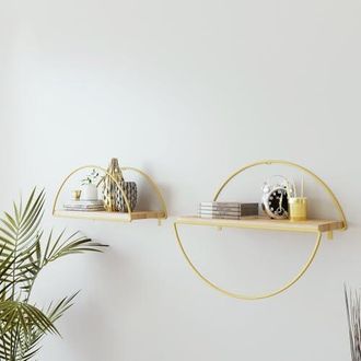 Hanah Home Stylish Wall Shelf (2 Pieces), Gold & Oak, 30 x 45 x 15 cm | 100% Melamine Coated Particle Board, 18 mm Thick | Durable Electrostatic Powder Coated Me