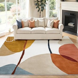 Generic Tapis 160 x 230 cm Lavable Poil Ras Anti Slip Chambre - Minimalisme Abstraction G&eacute;om&eacute;trie Blocs De Couleur Th&egrave;me Tapis de Salon, Beige Moquette Decora