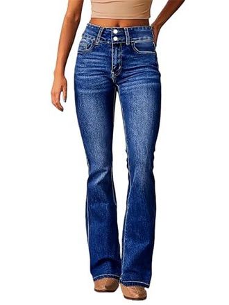 Generic Jean r&eacute;tro extensible pour femme - Style printemps - Taille haute - D&eacute;lav&eacute; - Bas cloche - Style urbain - Pantalon l&eacute;g&egrave;rement &eacute;vas&eacute;, bleu, XXL
