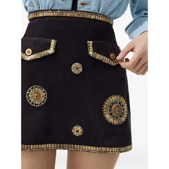 Versace Embroidered Crystal A-Line Suede Skirt - Black