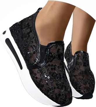 Minetom Sneaker Damen Pailletten Keilabsatz Schuhe Atmungsaktive Ausgeschnittene Spitze Stoffschuhe Frauen Laufschuhe Sommer Outdoor Slip On Walkingschuhe Gli