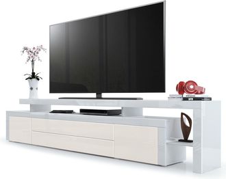 Vladon TV Board Lowboard Leon V3, Made in Germany, Korpus und &Uuml;berbau in Wei&szlig; Hochglanz/Front in Creme Hochglanz mit Rahmen in Wei&szlig; Hochglanz (227 x 52 x 35 