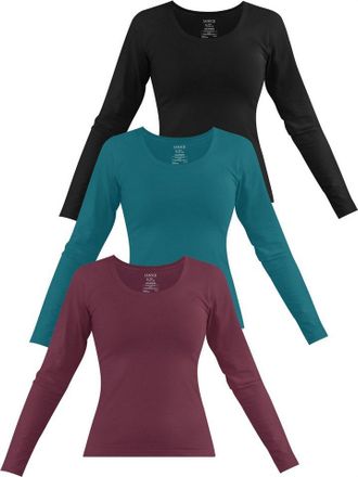 Janice Langarmshirt 3 x Damen Langarmshirt Nimes Figurbetonter Pullover aus Baumwolle