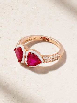 Kamyen Jewellery Twin Heart Ring Aus 18 Karat Roségold Mit Rubinen, Diamanten Und Emaille