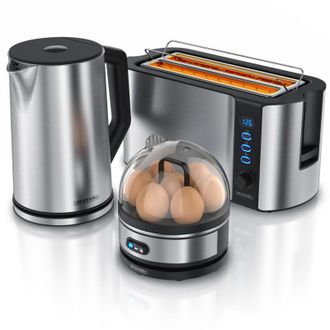 Arendo Fr&uuml;hst&uuml;cksset 3-teilig, 1,5l Wasserkocher, 4-Scheiben Langschlitz Toaster, 7er Eierkocher, Silber - Arendo