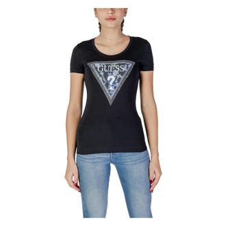 Guess Femme, Tops, Noir, Taille: 42 FR Tee-shirt Noir avec Logo Triangle en Strass