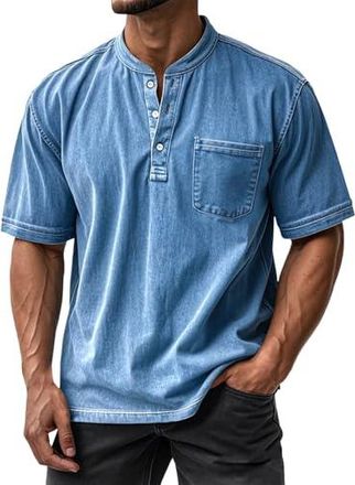 Generic Polos pour hommes adultes hauts d&eacute;t&eacute; &agrave; manches courtes en coton d&eacute;lav&eacute; t-shirts tendance pour hommes polos en coton denim t-shirts boutonn&eacute;s Henry che