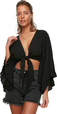 Trendyol Damen Schwungrad Detaillierte Viskosebluse Blouse, Schwarz, 36