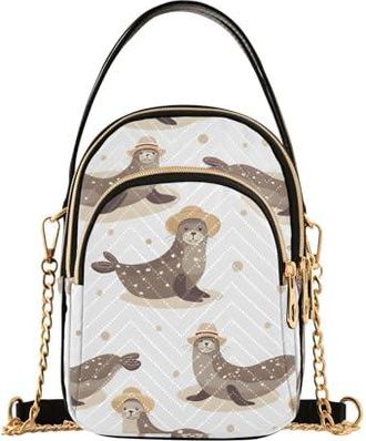 Mnsruu Sac à bandoulière pour femme avec sceaux marron et blanc - Petit sac à bandoulière avec sangle réglable