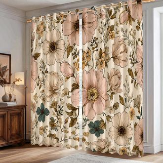 Generic Pfingstrosen-Verdunkelungsvorh&auml;nge, Vintage-Stil, Bohemian-Blumenmuster, Bl&auml;tter, Fr&uuml;hlingscreme, maschinenwaschbar, Muster, bedruckt, Fenstervorh&auml;nge