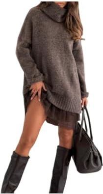Generic Ensemble Robe et Pull &agrave; col roul&eacute; pour Femme, Haut Ample &agrave; col roul&eacute;, Robe Pull Oversize (Brown,TTG)