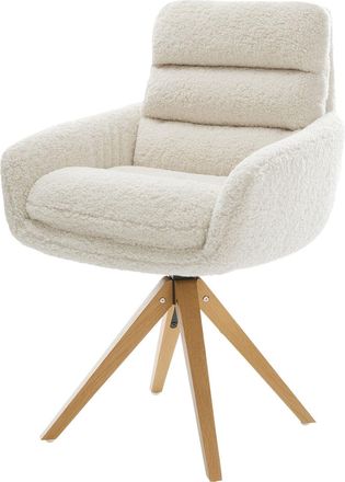 DELIFE Esszimmerstuhl Abelia-Flex mit Armlehnen Holzgestell kantig Natur Teddystoff Beige 180&deg; drehbar