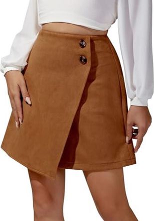 Generic Jupe-short moulante en faux daim pour femme - Jupe crayon basique &eacute;lastique boutonn&eacute;e - Extensible - Amincissant - Jupe irr&eacute;guli&egrave;re, d&eacute;contract&eacute;e - &Agrave; 