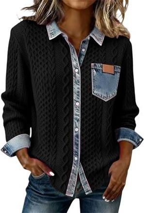 Generic Chemise boutonn&eacute;e pour femme - Col &agrave; revers - Imprim&eacute; textur&eacute; - Patchwork - Veste en jean d&eacute;contract&eacute;e et l&eacute;g&egrave;re - Style vintage - Coutures contrast&eacute;e