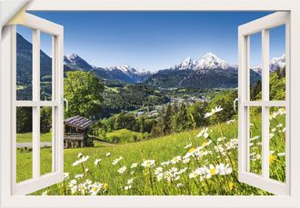 Artland ARTland Wanddeko Wandtattoo selbstklebende Vinylfolie 100x70 cm Fensterblick Fenster Alpen Landschaft Berge Wald Gebirge Wiese Natur T5TQ