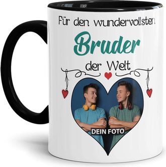 Tassendruck Tasse mit Spruch - Wundervollster Bruder der Welt - personalisiert mit Wunschfoto - Geschenkidee für den besten Bruder - Innen & Henkel Schwarz, 300 m