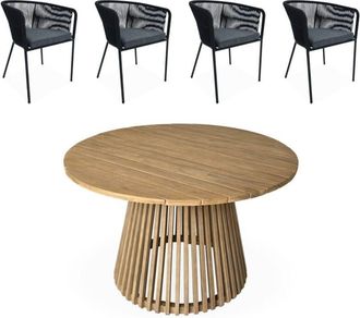 Sweeek Table &agrave; manger bois dacacia ronde. int&eacute;rieur / ext&eacute;rieur + 4 fauteuils en corde noir et acier