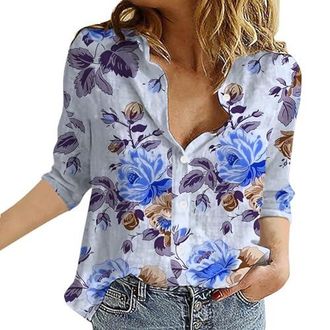 Generic Haut &agrave; manches longues &agrave; col en V pour femme - Chemisiers floraux &agrave; manches longues - Blouses et chemises de plage, hauts de vacances, hauts basiques 