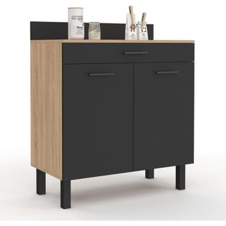 IDMarket Buffet bas de cuisine 80 cm cina plan de travail H.83 cm 2 portes + tiroir fa&ccedil;on h&ecirc;tre et noir