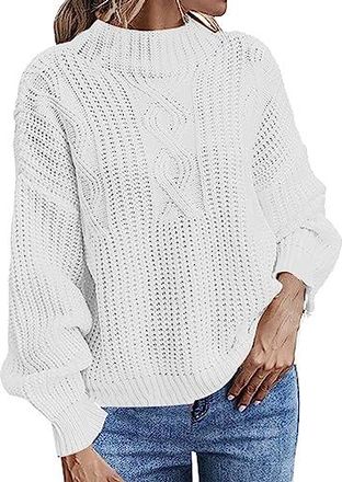 Generic Pull Femme Doux Pullover Femme Col Montant Pull à Manches Longues en à Fleurs pour Femmes Large Chaud Gros Hiver White XXL