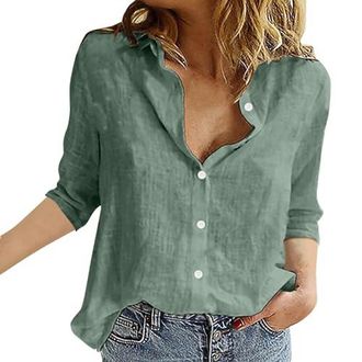 Generic Chemises d&eacute;t&eacute; en coton et lin &agrave; manches 3/4 boutonn&eacute;es pour femme - Tunique d&eacute;contract&eacute;e et ample - V&ecirc;tements tendance 2026, vert militaire, 5XL