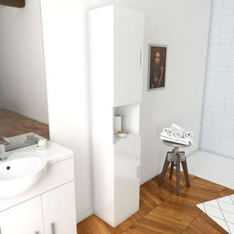 Aurlane Aurlane - Colonne de salle de bain 182x35x30 cm - MDF m&eacute;lamin&eacute; laqu&eacute; blanc - 2 portes battantes - Rangement optimis&eacute; pour petites salles de bain