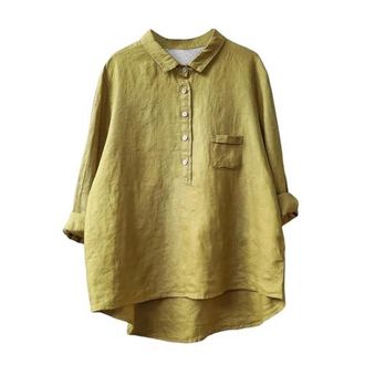 Generic Chemise pour Femmes Coton Et Lin Chic Casual Chemises D&eacute;t&eacute; Manche Longue &Agrave; Col V Loose Hauts Leger Comfy Tuniques &Agrave; La Mode Coton Et Lin Grande Taille