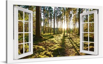 Picanova Leinwandbild Sonnenaufgang im Kiefernwald Fenster 100x50cm - Premium Leinwanddruck - Wandbild Kunstdruck Auf 2cm Holz-Keilrahmen F&uuml;r Schlaf- Und Wohnz