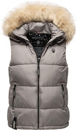 Marikoo Damen Winter Weste Steppweste mit Kapuze und Fellkragen B896 [B896-Eisflöckchen-Grau-Gr.S]