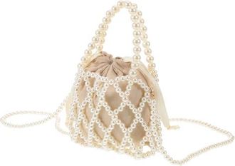 BESTONZON Paquet à Main Ajouré en Perles Blanches Cabas Tissé Léger pour Femme Pochette Seau Perlée pour Vacances Plage et Soirées Estivales Paquet de Piscine É