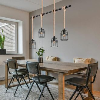 ETC Shop Pendelleuchte Hängeleuchte Esstischlampe Hängelampe Sisalseil Gitter Design, Metall schwarz, 4x E14 Fassungen, BxH 90 x 150 cm