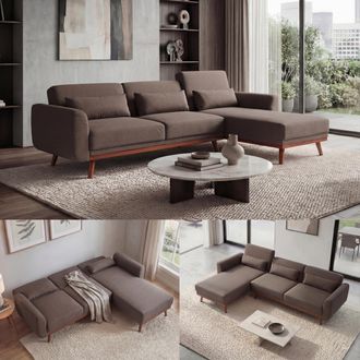 Mendler Sofa HWC-J20, Couch Ecksofa, L-Form 3-Sitzer Liegefl&auml;che Schlaffunktion Stoff/Textil 280cm - braun