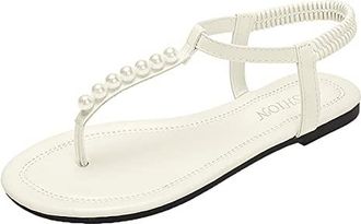 Generic Sandales de style féerique à fond plat et à bout clipsé pour femme en été 2023, tendance du soir perlé, chaussures de plage romaines en forme de T, ch