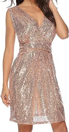 Generic Robe &agrave; paillettes pour femme avec col en V, sans manches, mi-longue, robe &agrave; paillettes, robe de sport pour femme, Rose, M
