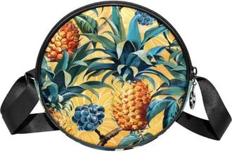 Generic Petit sac &agrave; bandouli&egrave;re circulaire pour femme, petit sac &agrave; bandouli&egrave;re jaune ananas avec fermeture &eacute;clair, bretelles r&eacute;glables, sac &agrave; main rond d&eacute;cont