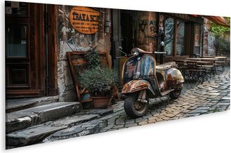 Islandburner Bild auf Leinwand Alte Vespa in einer malerischen Gasse mit Kopfsteinpflaster für Wohnzimmer Vintage-Liebhaber Café Bilder Wandbilder Poster