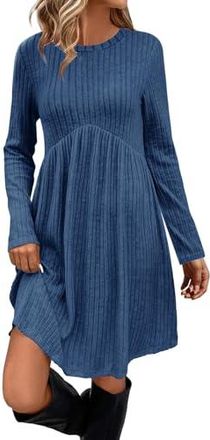 Generic Robe &agrave; manches longues pour femme, col rond, robe &agrave; la taille avec robe en maille, bleu fonc&eacute;, 3XL