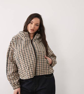 Asos Curve ASOS DESIGN Curve - Bomber &agrave; carreaux avec capuche et ourlet bouffant - Taupe multicolore-Neutral