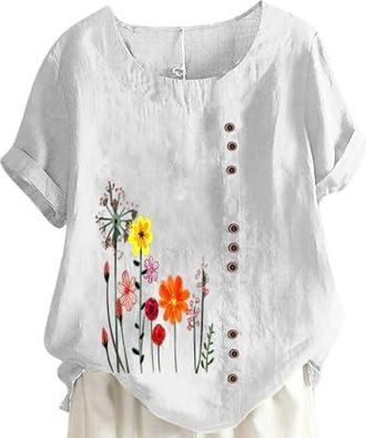 Generic Chemise d&eacute;contract&eacute;e en lin &agrave; manches courtes et col rond pour femme - Pull d&eacute;t&eacute; r&eacute;tro &agrave; manches roul&eacute;es - Haut &agrave; col rond, Blanc-B, 4XL