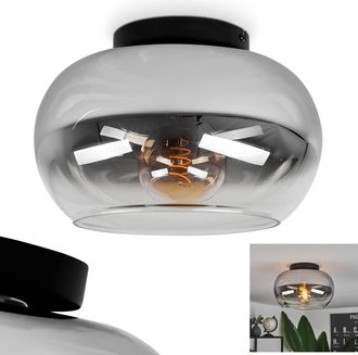 HOFSTEIN Deckenleuchte Molloy, moderne Deckenlampe aus Metall/Glas in Schwarz/Rauchfarben/Klar, 1-flammige Leuchte im Retro/Vintage-Design mit Schirm aus Glas 