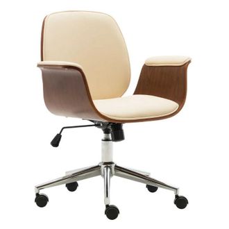 Les Tendances Chaise de bureau simili cuir beige et bois courb&eacute; fonc&eacute; Cine