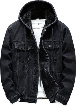 Generic Veste en jean pour homme, manteau dhiver à capuche, style camionneur, doublée de fausse fourrure, veste chaude en jean avec capuche