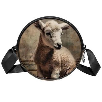 Generic Sac &agrave; bandouli&egrave;re rond pour femme, petit sac &agrave; bandouli&egrave;re vintage en forme de mouton avec fermeture &eacute;clair, bretelles r&eacute;glables, sac &agrave; main rond d&eacute;co