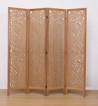 PEGANE Paravent ajour&eacute;, s&eacute;parateur de pi&egrave;ce en Bois avec Motifs Feuille, 4 pans Coloris Brun Clair - Hauteur 170 x Longueur 160 cm