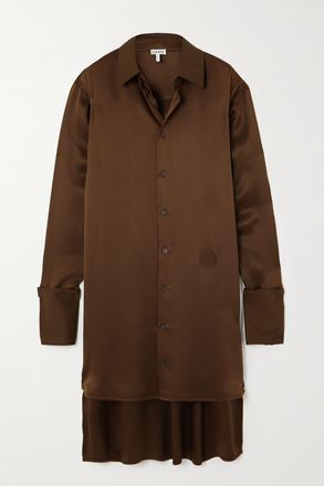 Loewe Wandelbares Hemdblusenkleid Aus Seidensatin Mit Stickerei - Braun