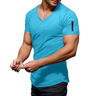 Generic T-shirt d&eacute;contract&eacute; pour homme avec col en V et fermeture &eacute;clair pour le quotidien, pour le printemps, l&eacute;t&eacute;, jeans d&eacute;contract&eacute;s, bleu ciel, 3XL