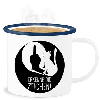 Shirtracer Emaille Becher Blechbecher - Tassen - Erkenne die Zeichen Katze - Winkelkatze Mittelfinger Stinkefinger Katzen - 300 ml - Wei&szlig; Blau - geburtstagsgesch