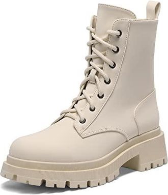 Dream Pairs Bottines Femme Mi-Mollet avec Fermeture Eclair Tendance Comfortable Bottes à Lacets avec Talon Large et Doublure Chaude Beige SDMB2203W-E Taille 40 (E