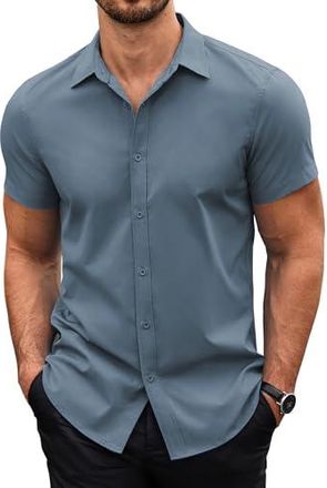 Coofandy Chemise DÉté Hommes Chemise À Manches Courtes Hommes Chemise DÉté Business Chemises De Loisirs Regular Fit Chemise sans Repassage Gris Bleu L